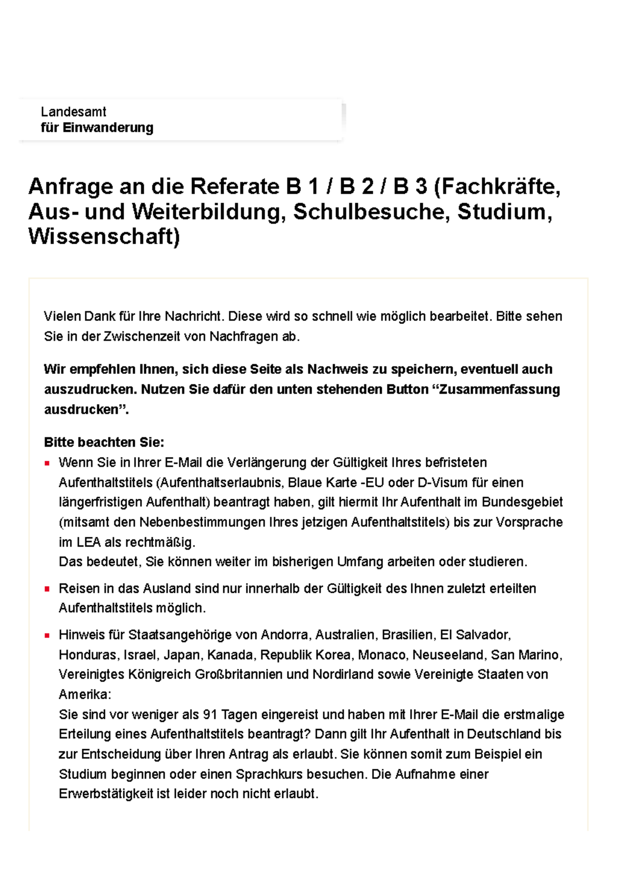 Anfrage an die Referate B 1 %2F B 2 %2F B 3 (Fachkräf… - Vielen Dank für Ihre Nachricht. Diese ...