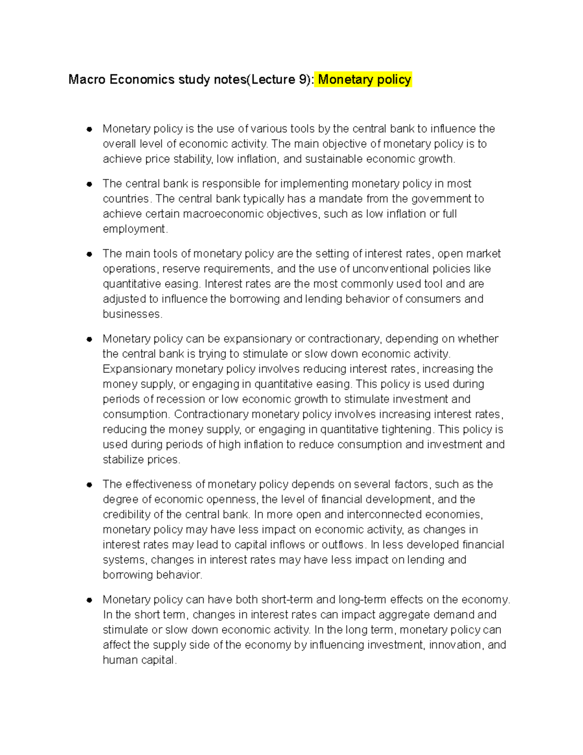 Macro Economics study notes(Lecture 9) Monetary policy - The main ...