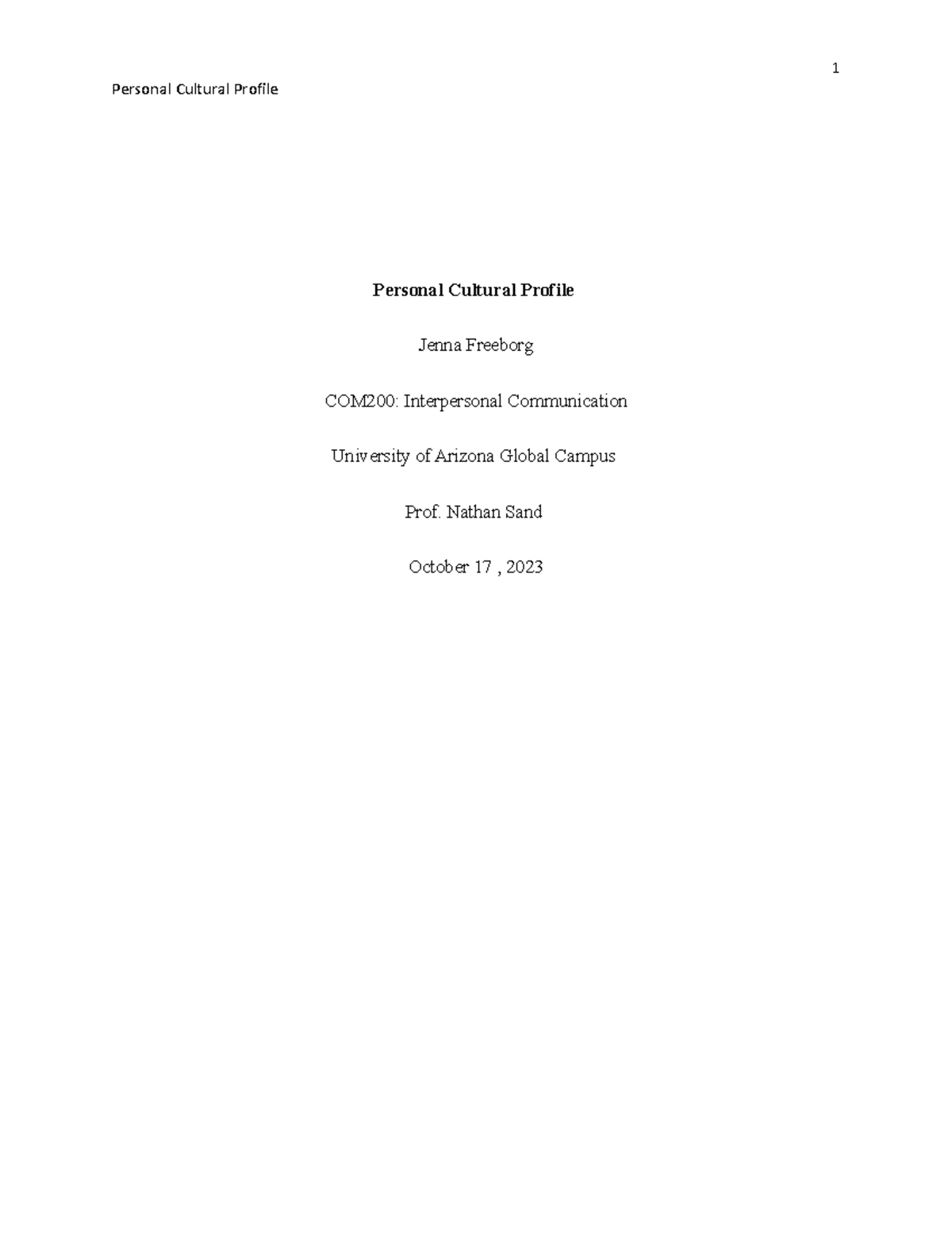 Personal Cultural Profile - Personal Cultural Profile Personal Cultural ...