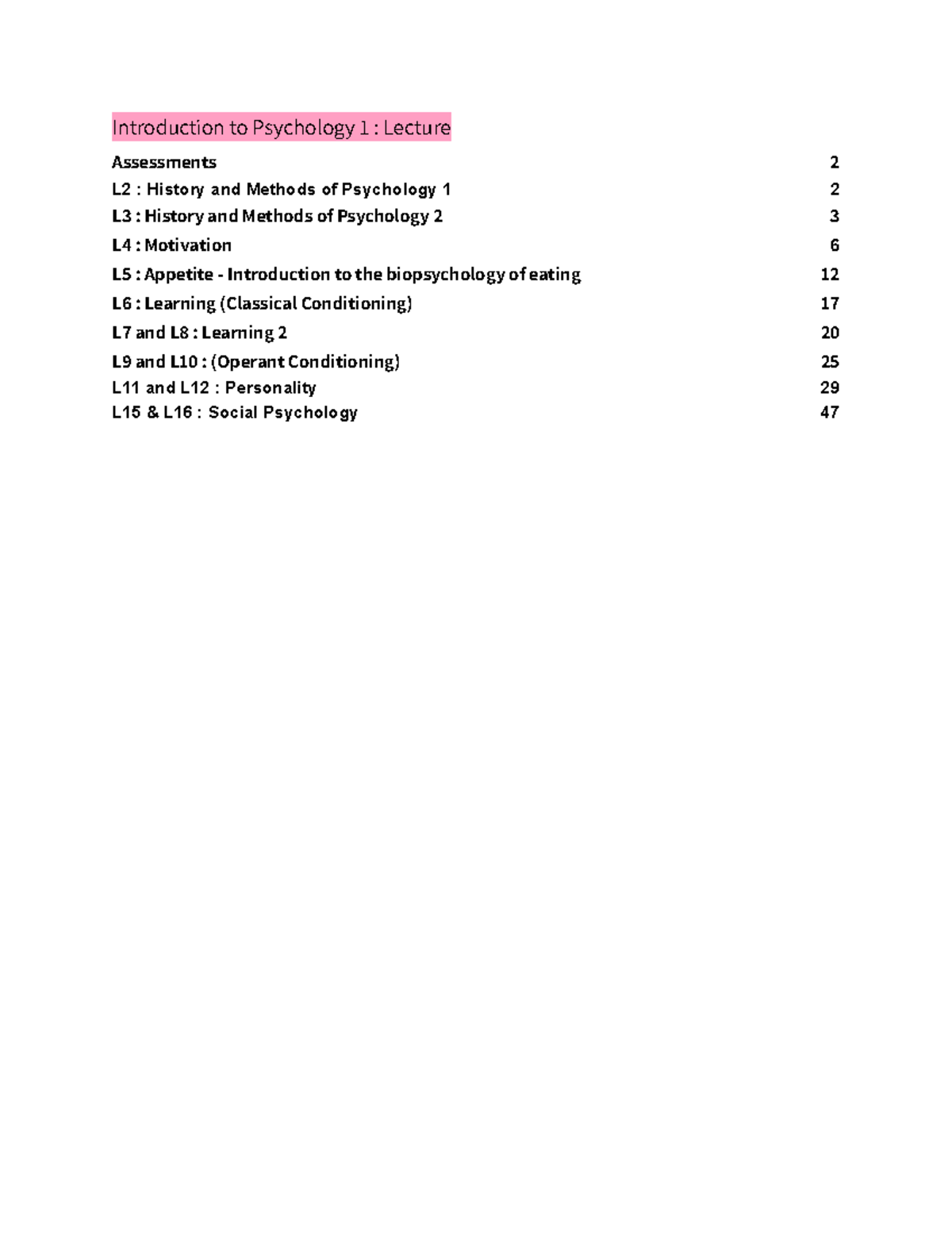 Lecture notes - PSYU1101 - Introduction to Psychology 1 : Lecture ...