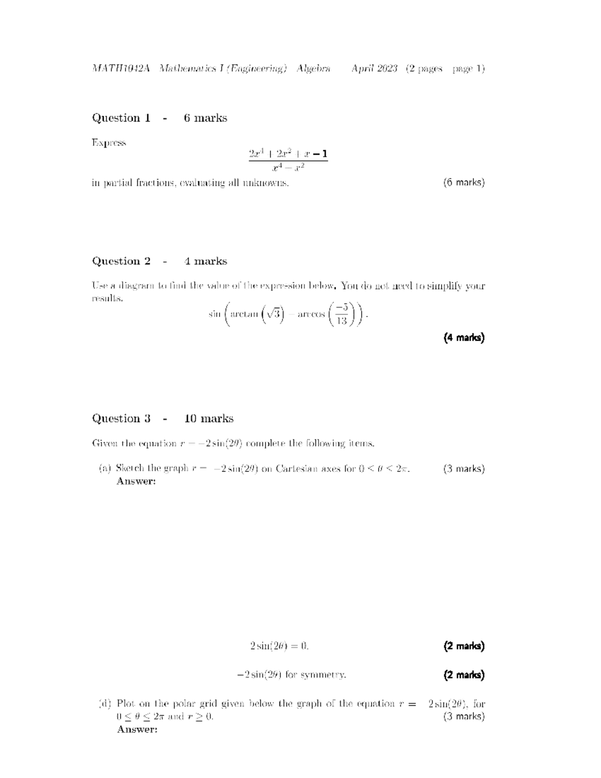 Algebra Question Paper 2023 - MATH1042A - Engineer - Studocu