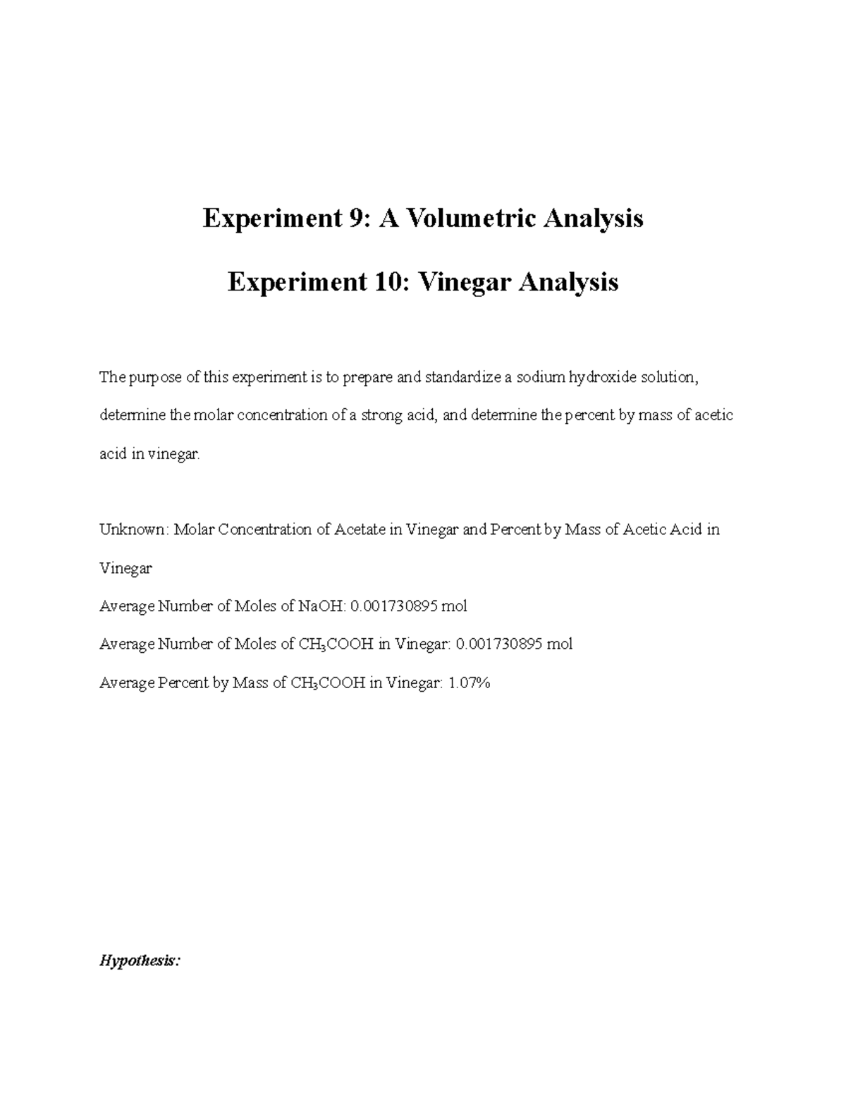 Chem lab #9+10 - Lab Report #9, 10 - Experiment 9: A Volumetric ...