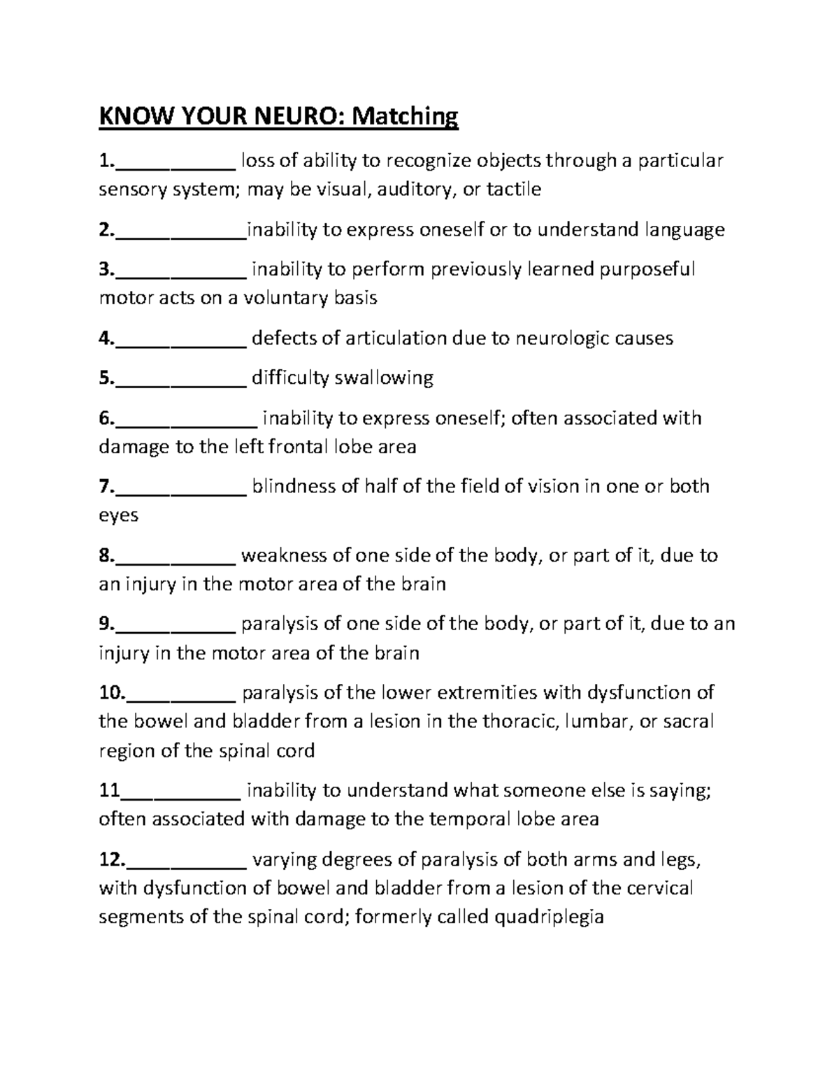 KNOW YOUR Neuro assessment term matching - KNOW YOUR NEURO: Matching 1 ...