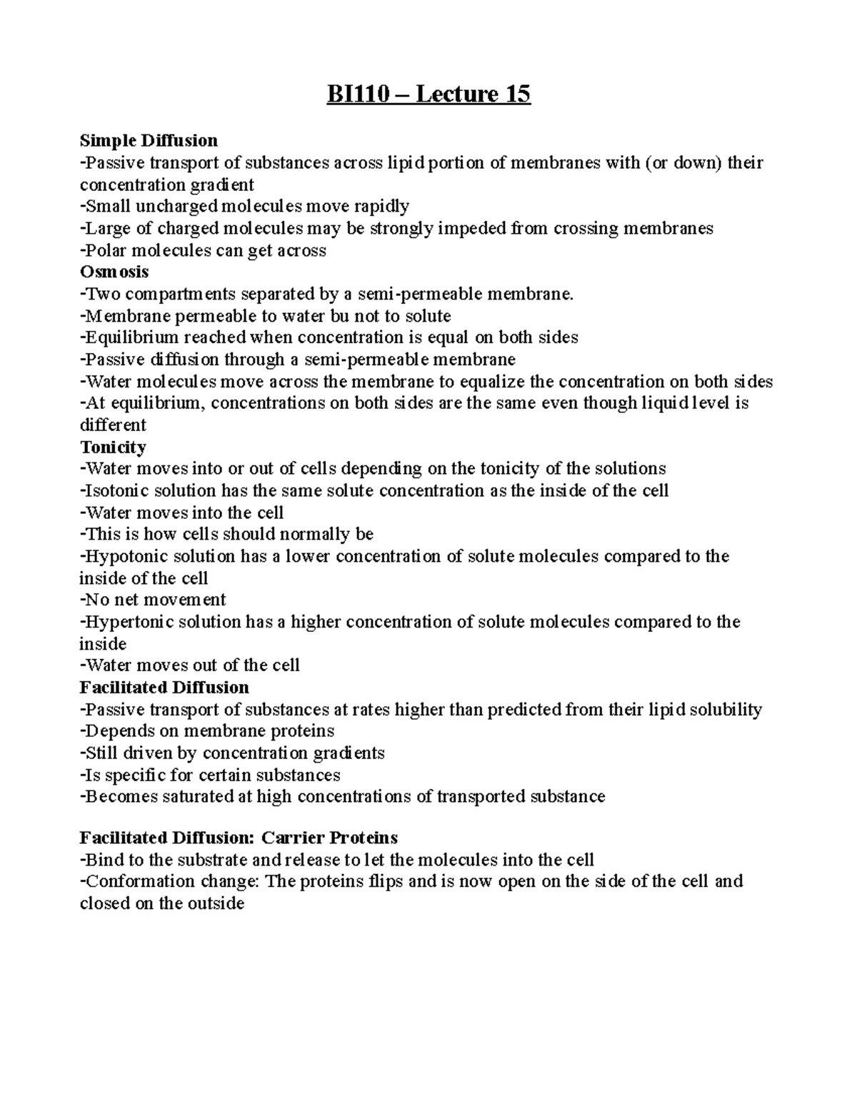 Lecture 15 - Dr. Matt Smith - BI110 – Lecture 15 Simple Diffusion ...