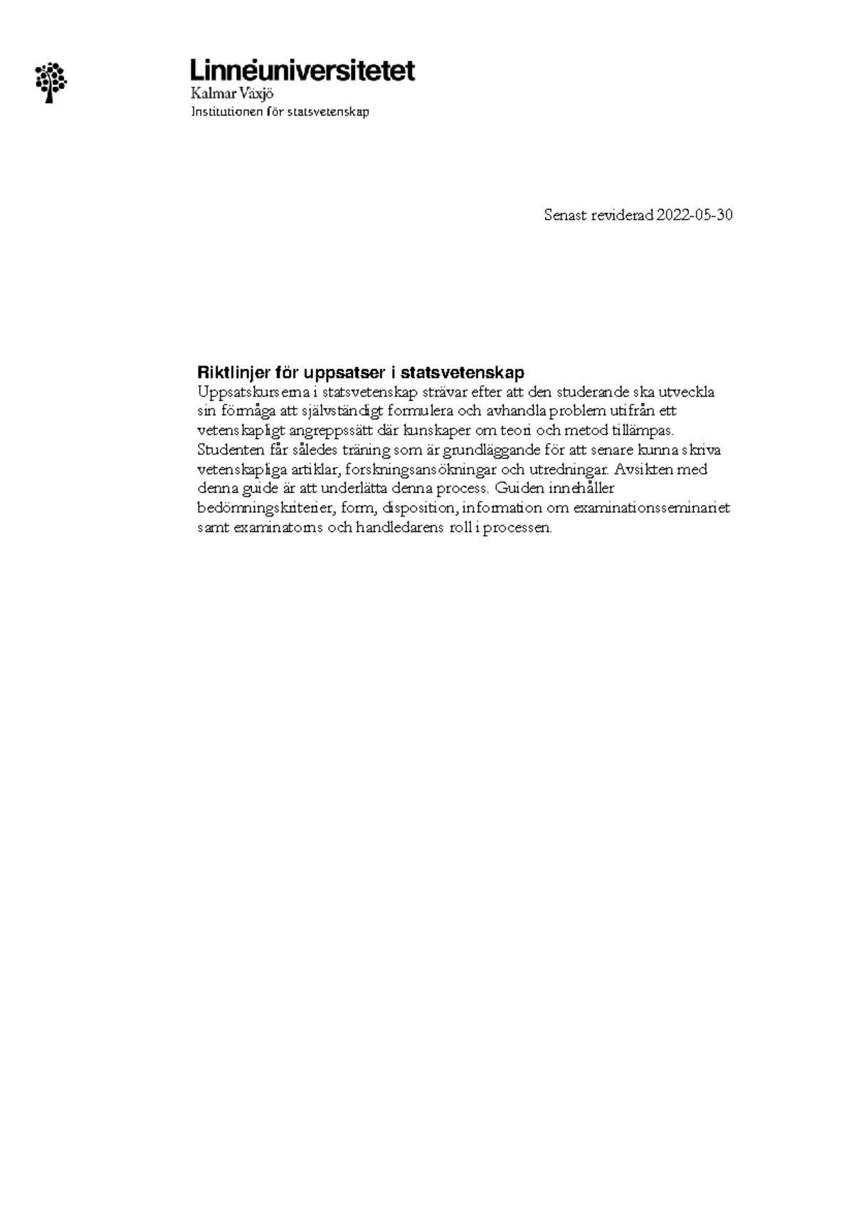 Riktlinjer för uppsatser i statsvetenskap 2022 - Institutionen fˆr ...