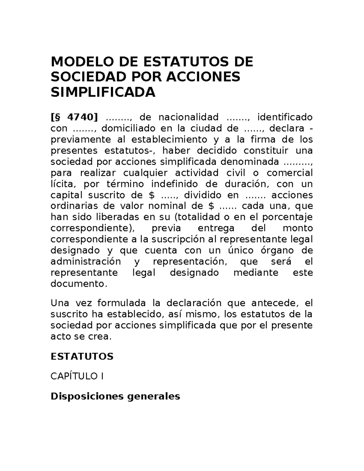 Modelo DE Estatutos DE Sociedad POR Acciones Simplificada - MODELO DE ESTATUTOS DE SOCIEDAD POR ...