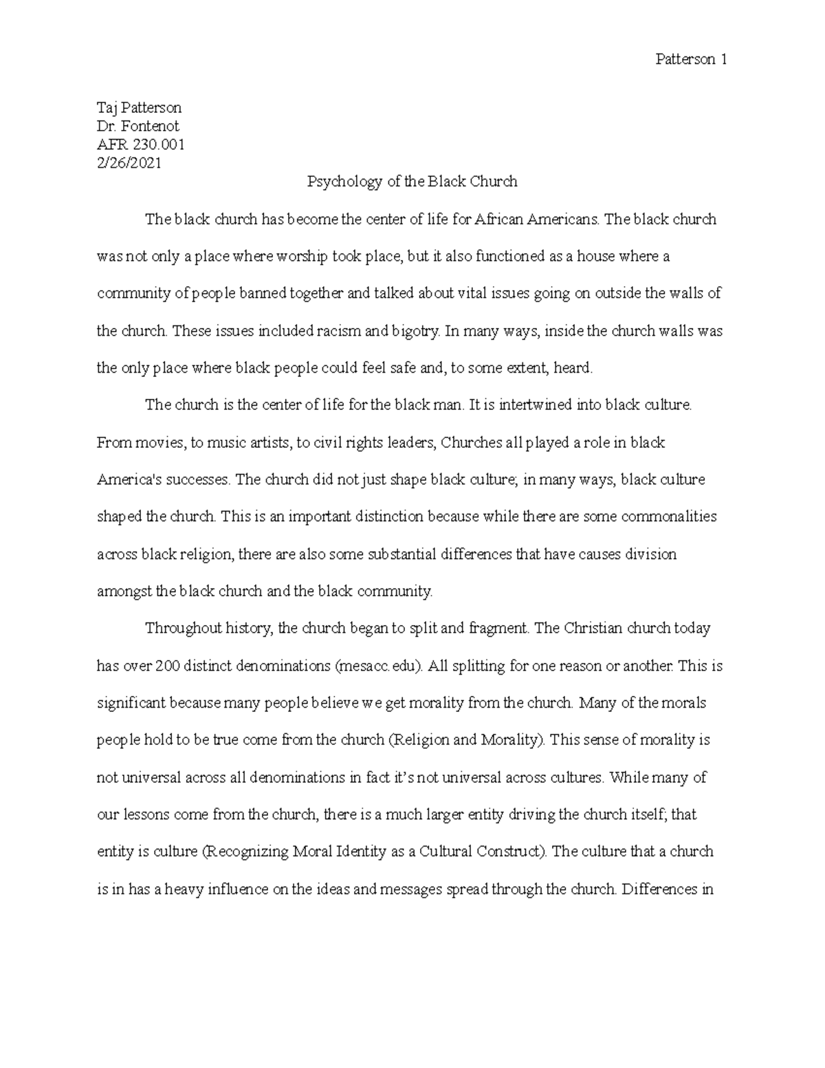 Psychology of the Black Church - Taj Patterson Dr. Fontenot AFR 230. 2 ...