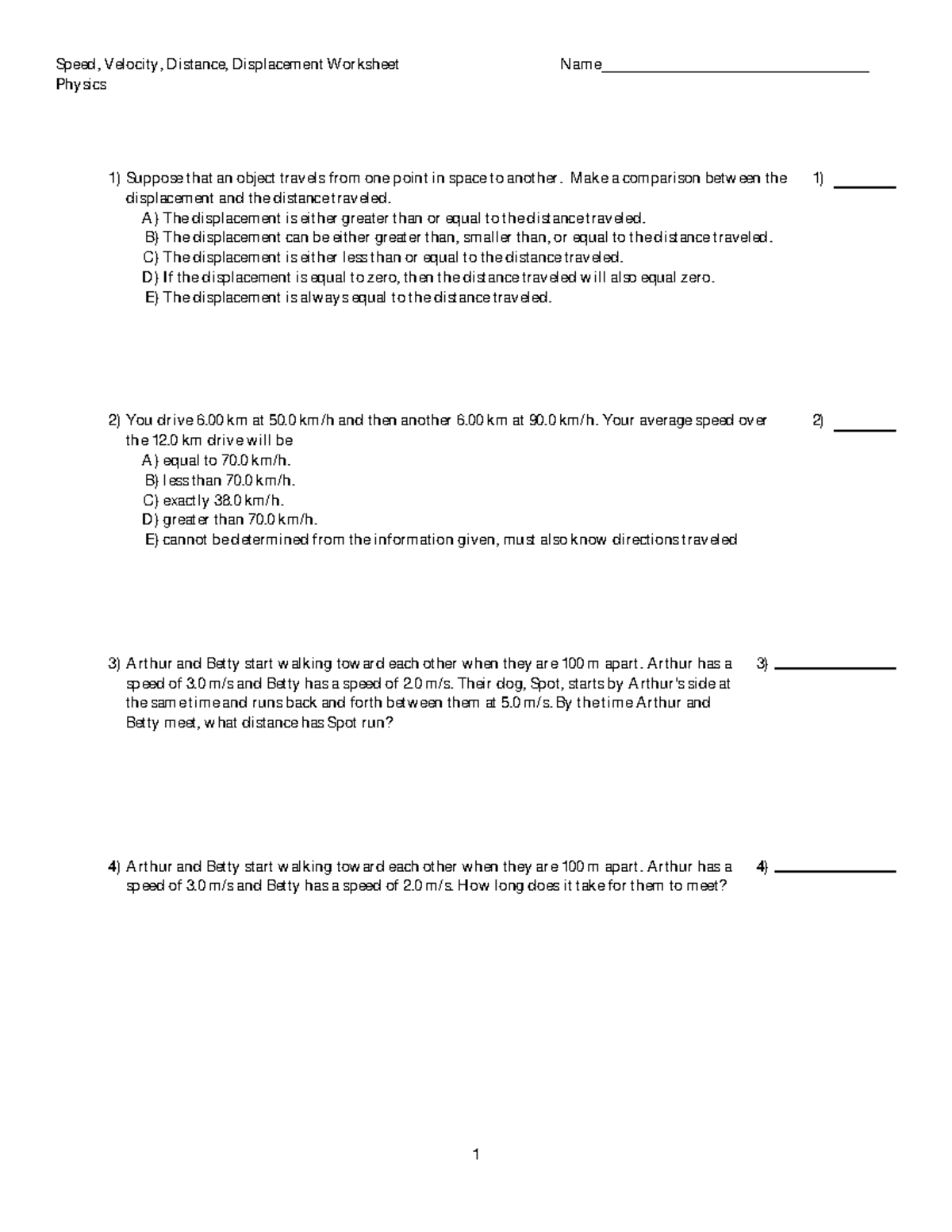 Unit 3 WS 1 - hhhhh - Speed, Velocity, Distance, Displacement Worksheet ...