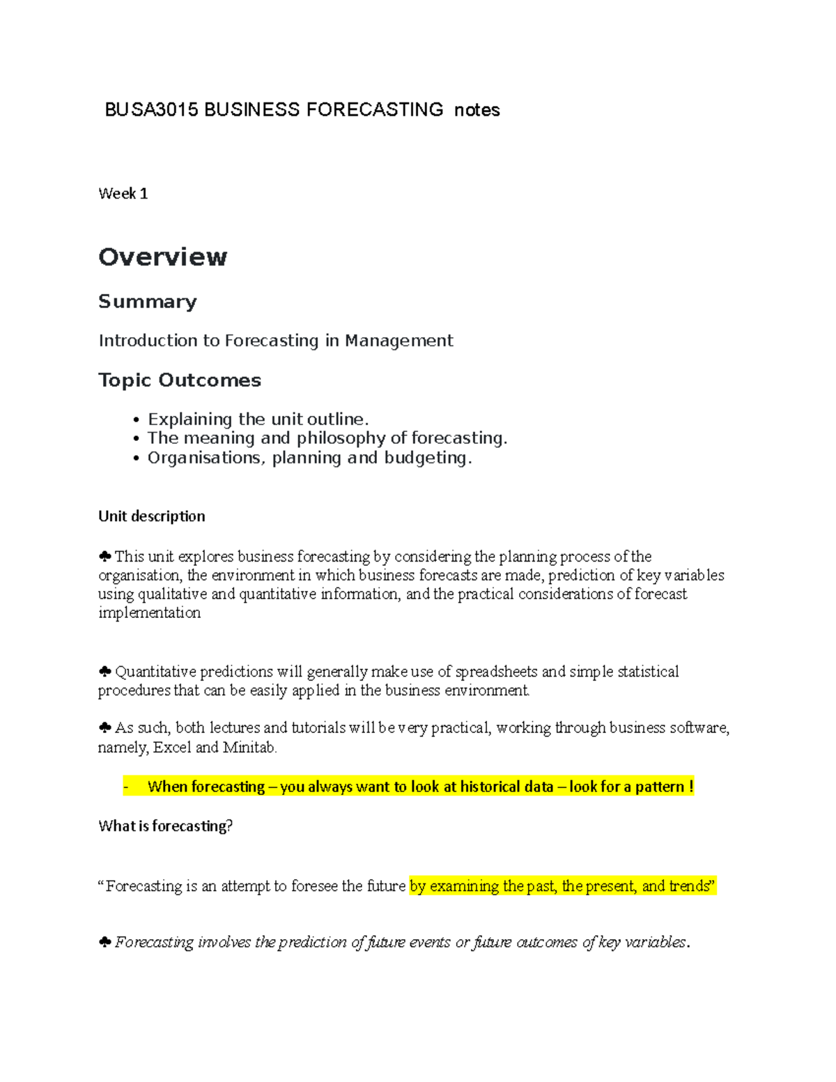 BUSA3015 Business Forecasting notes - BUSA3015 BUSINESS FORECASTING ...