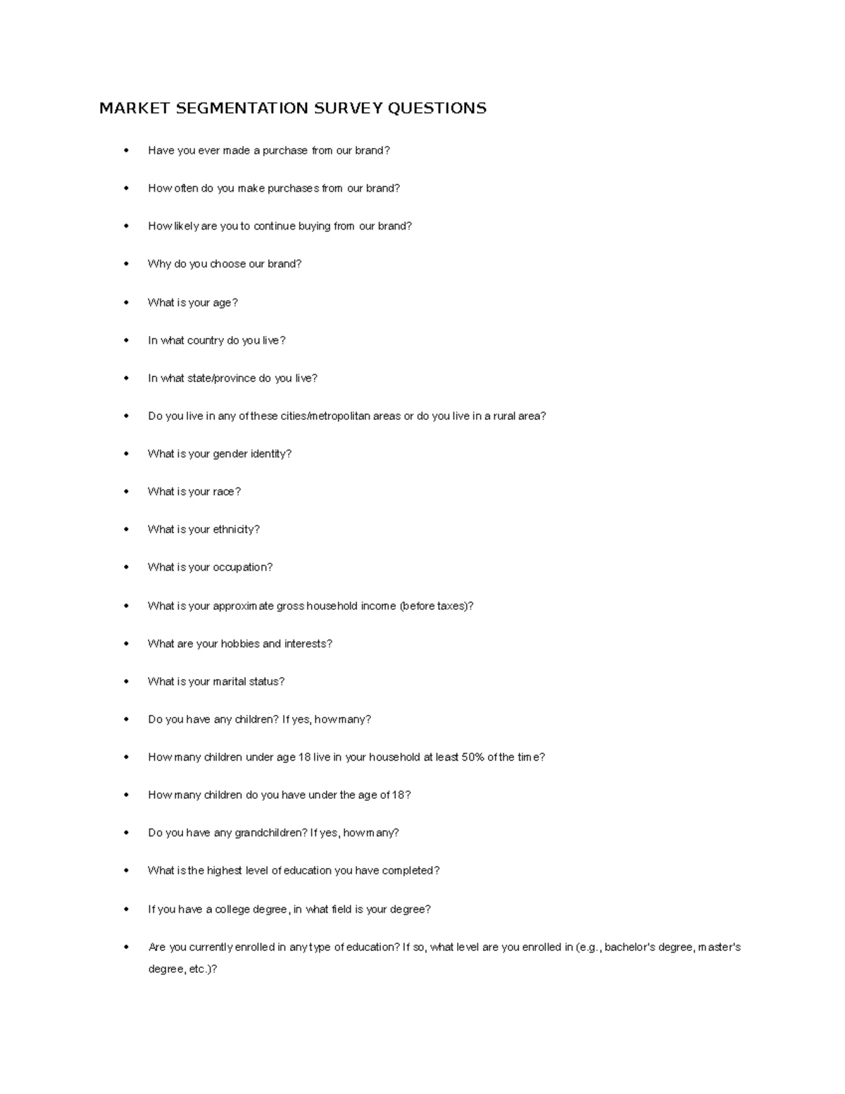 Market Segmentation Survey Questions - MARKET SEGMENTATION SURVEY ...