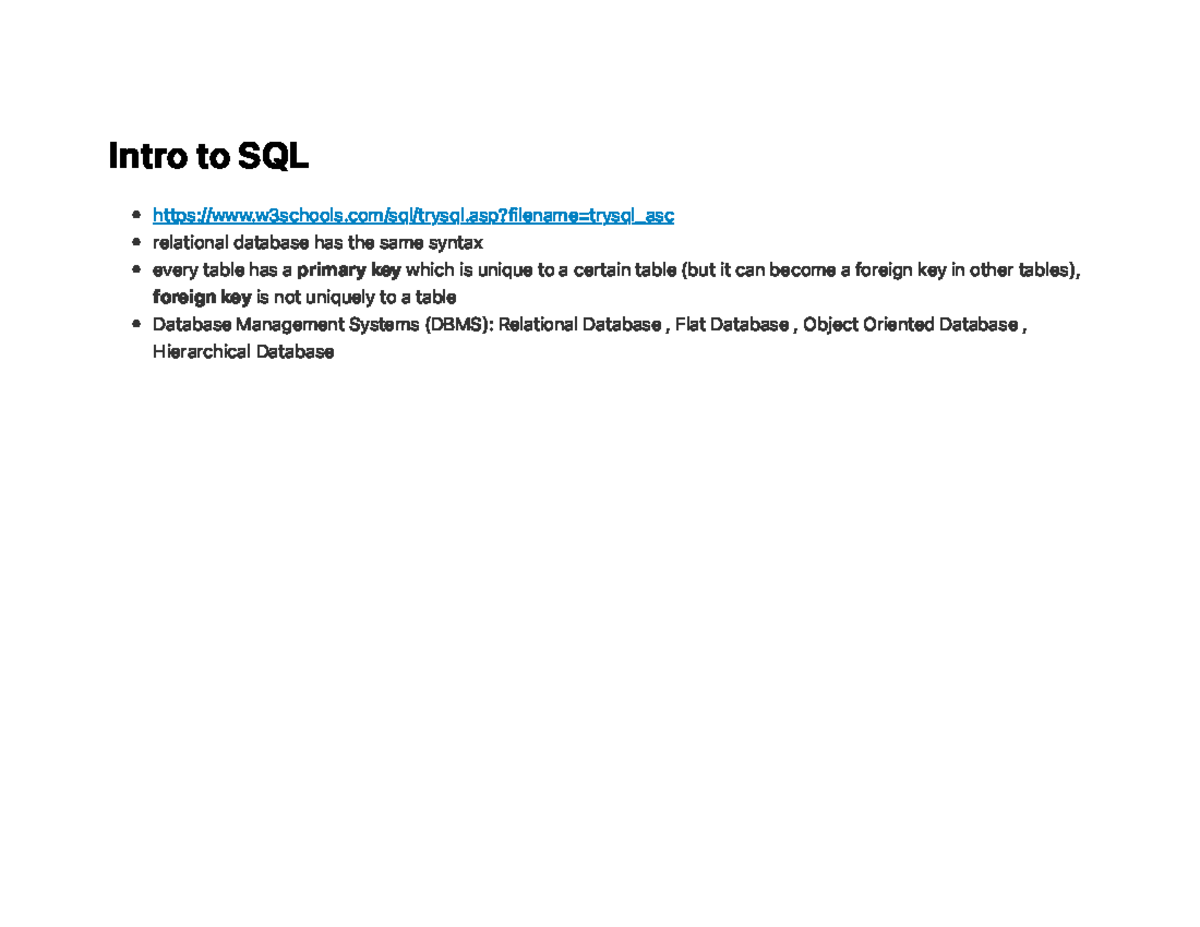Intro to SQL - professor:Pranny - Intro to SQL w 3 schools.com/sql ...