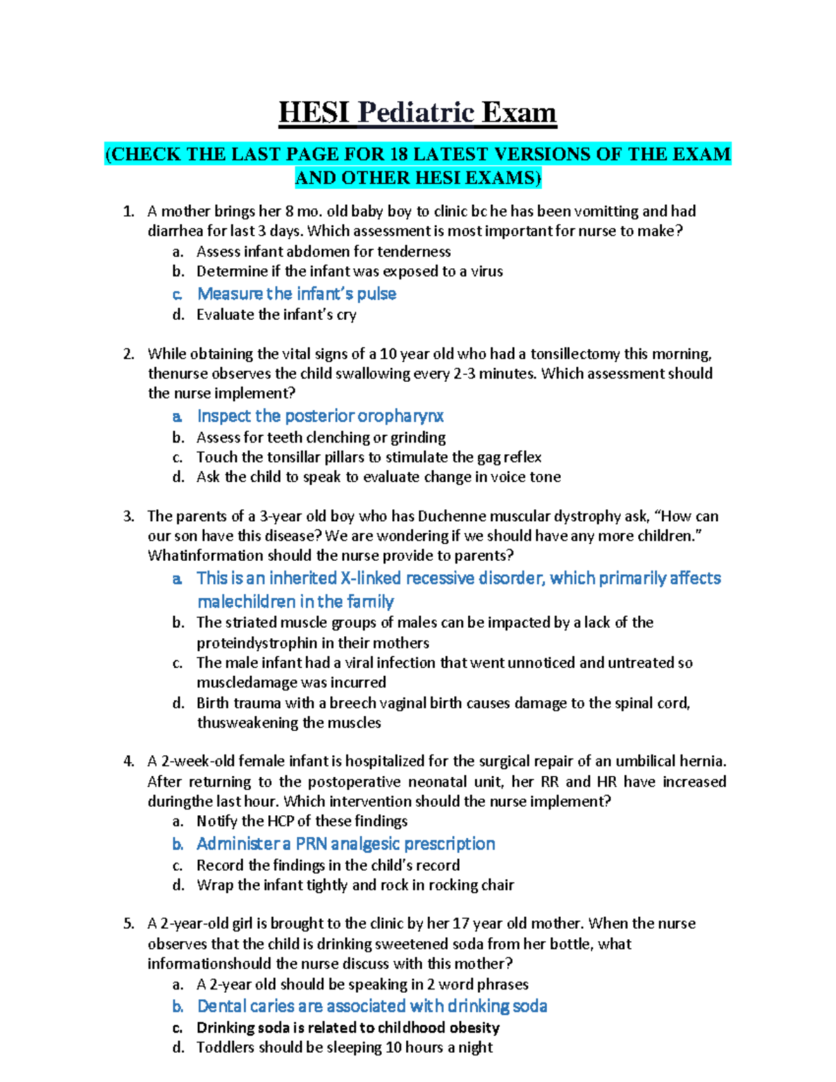 HESI Pediatric Exam 2021 Pediatric HESI Exam 2021 - HESI Pediatric Exam ...