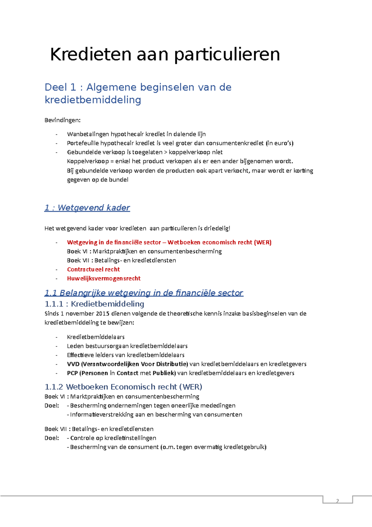 Samenvatting - Kredieten aan particulieren Deel 1 : Algemene beginselen ...