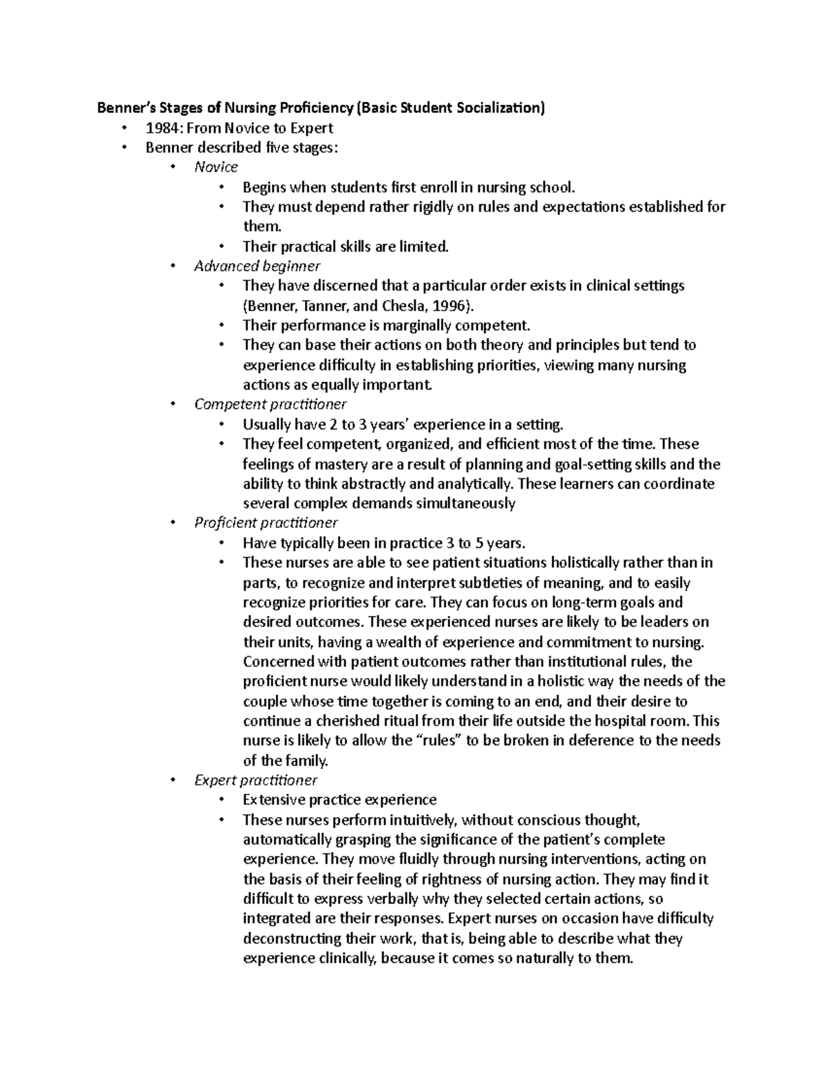 Chapter 5 (Nurs 333) Part 5 - Benner’s Stages of Nursing Proficiency ...