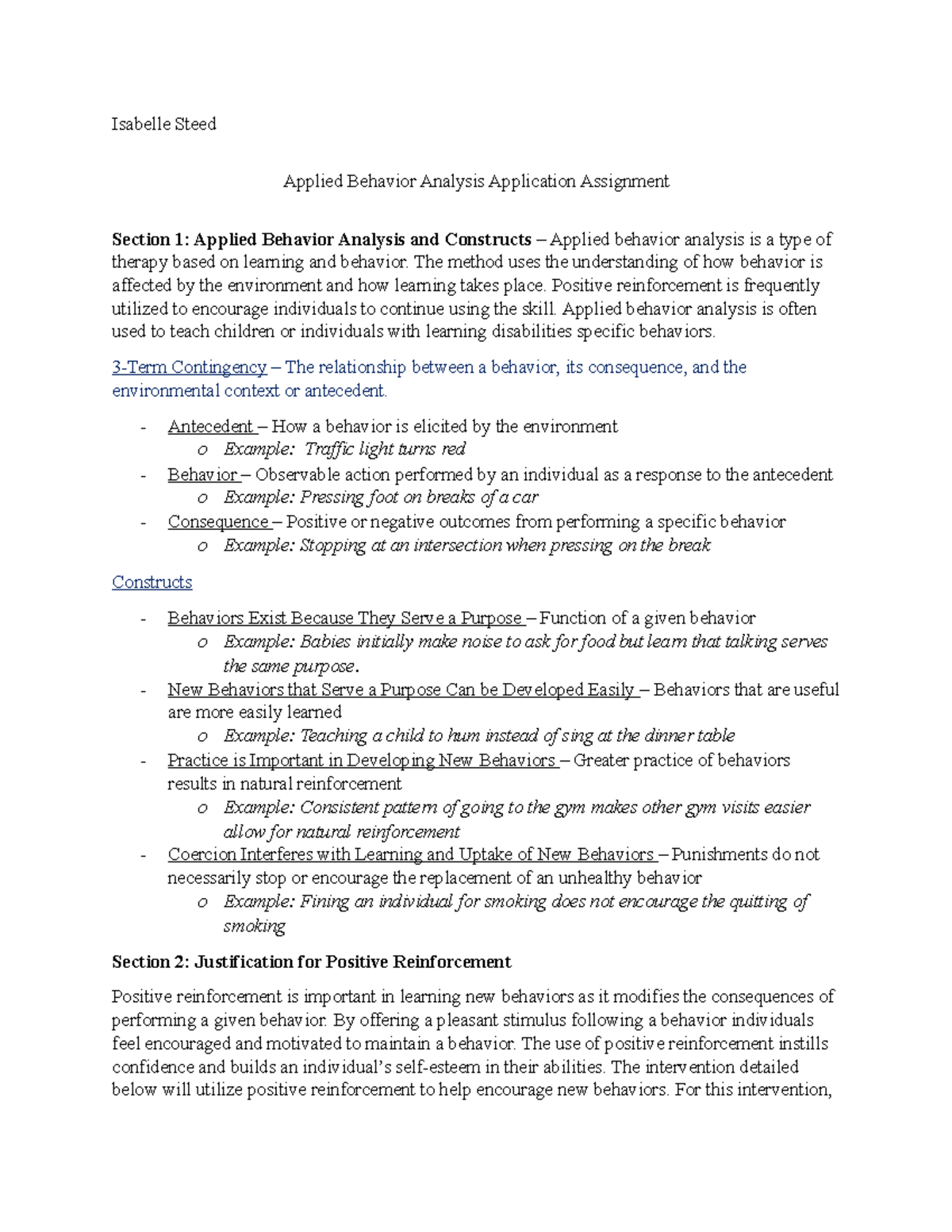 ABA Application Assignment - Isabelle Steed Applied Behavior Analysis Application Assignment ...