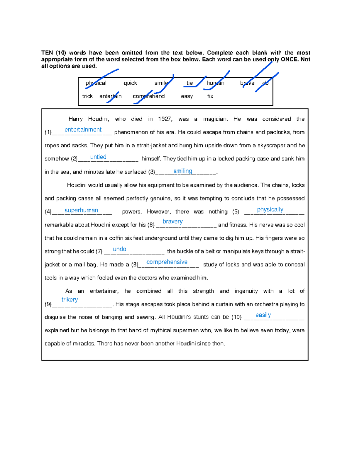 Houdini - WORD Forms Cloze - TEN (10) words have been omitted from the ...