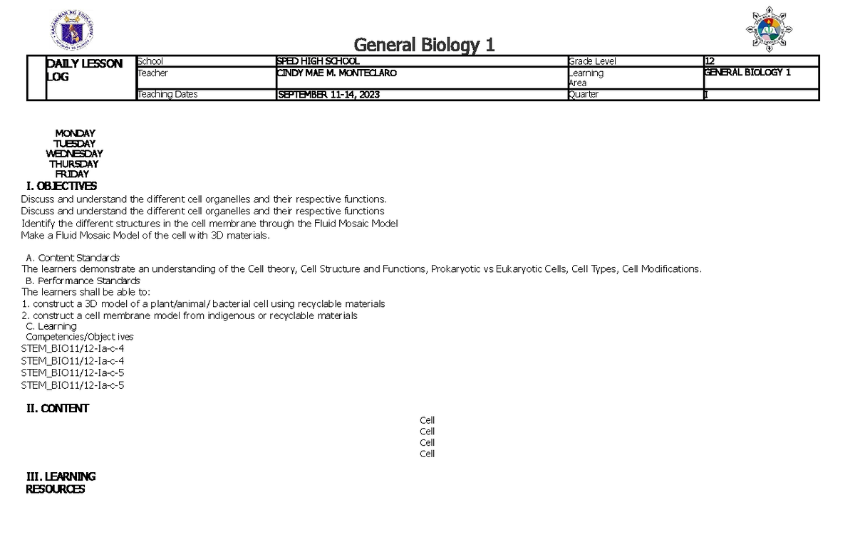 GEN BIO week 3 - daily lesson log - General Biology 1 DAILY LESSON LOG ...