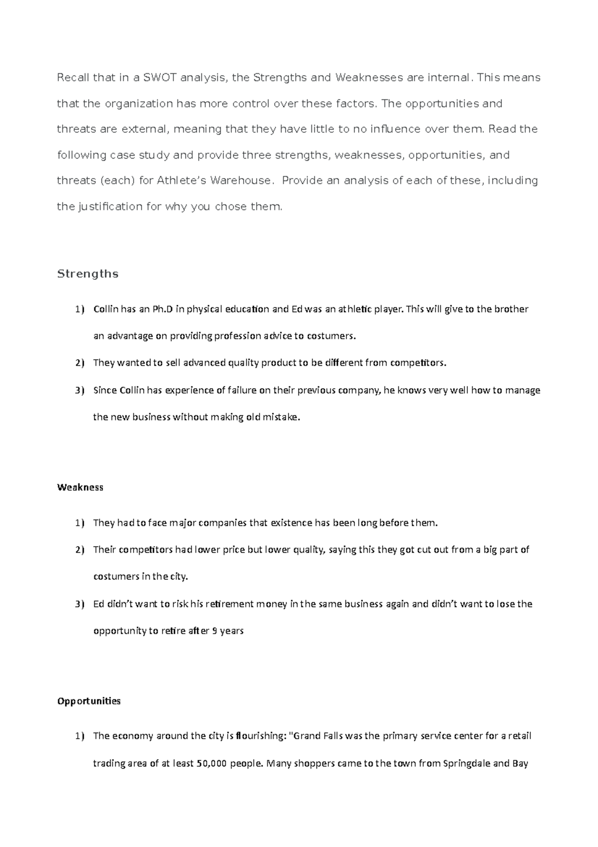 A SWOT Analysis on Athlete’s Warehouse unit - BUS 1101 - UoPeople - Studocu