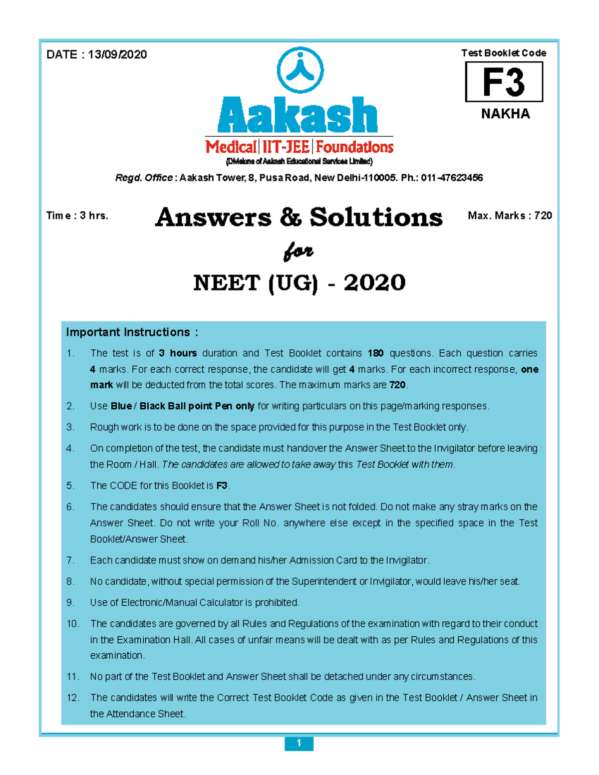 Neet 2020 - neet exam paper2020 - Important Instructions : The test is ...