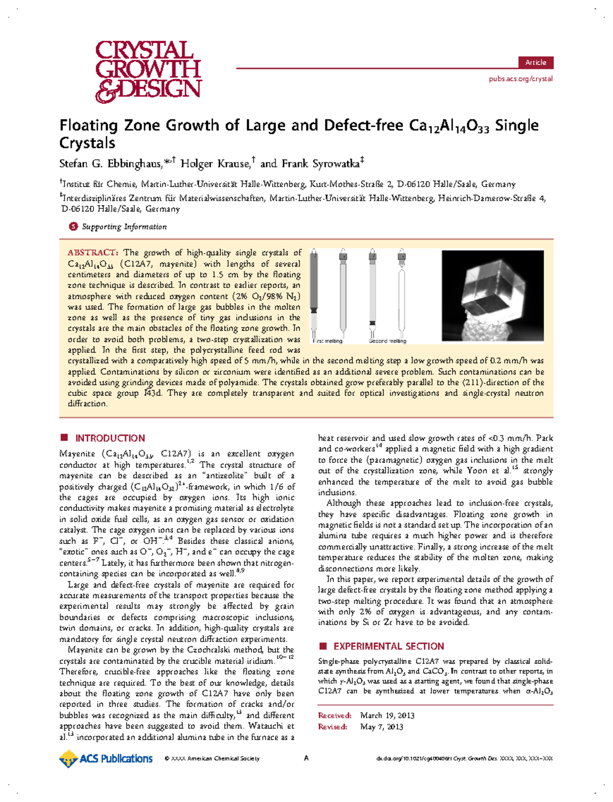 Artigo 2 floating - Floating Zone Growth of Large and Defect-free Ca 12 ...