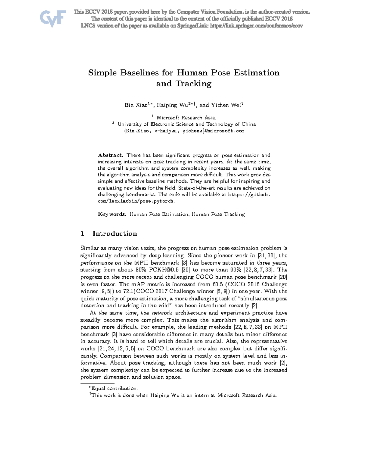 Simple Baselines for Human Pose Estimation and Tracking - There has been significant progress on ...