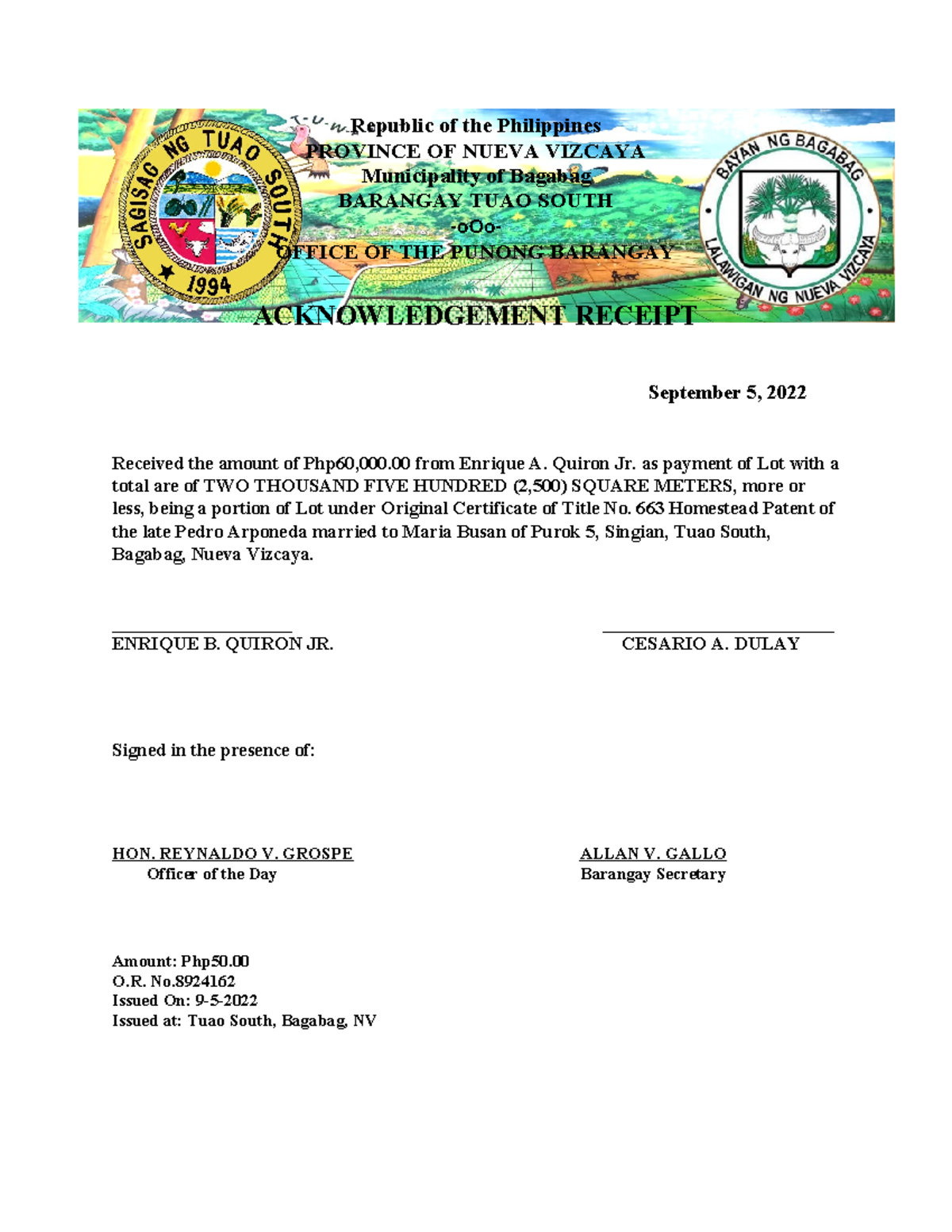 Acknowledgement receipt - Republic of the Philippines PROVINCE OF NUEVA ...