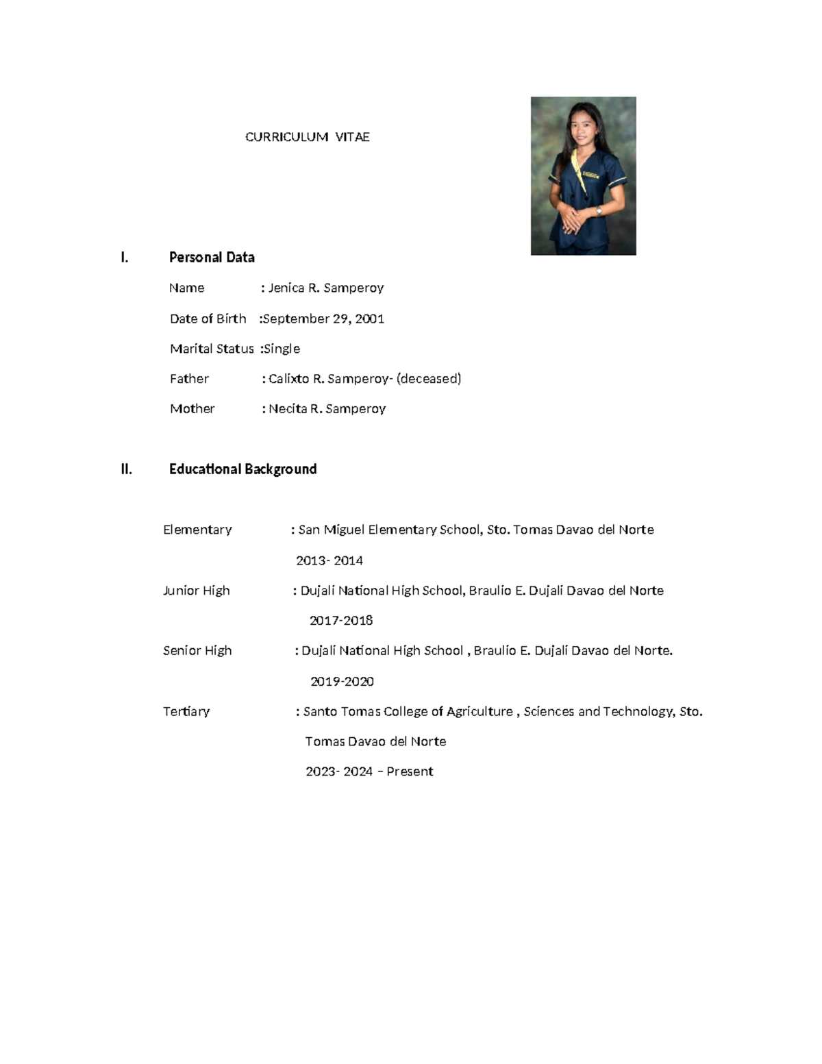 Bookkeeping NCIII - CURRICULUM VITAE I. Personal Data Name : Jenica R ...