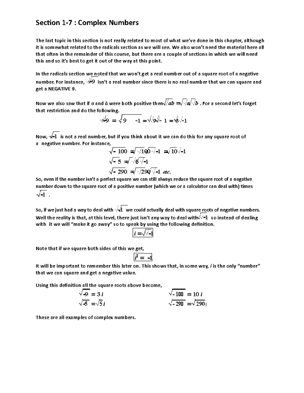 Complex numbers - Section 1-7 : Complex Numbers The last topic in this ...