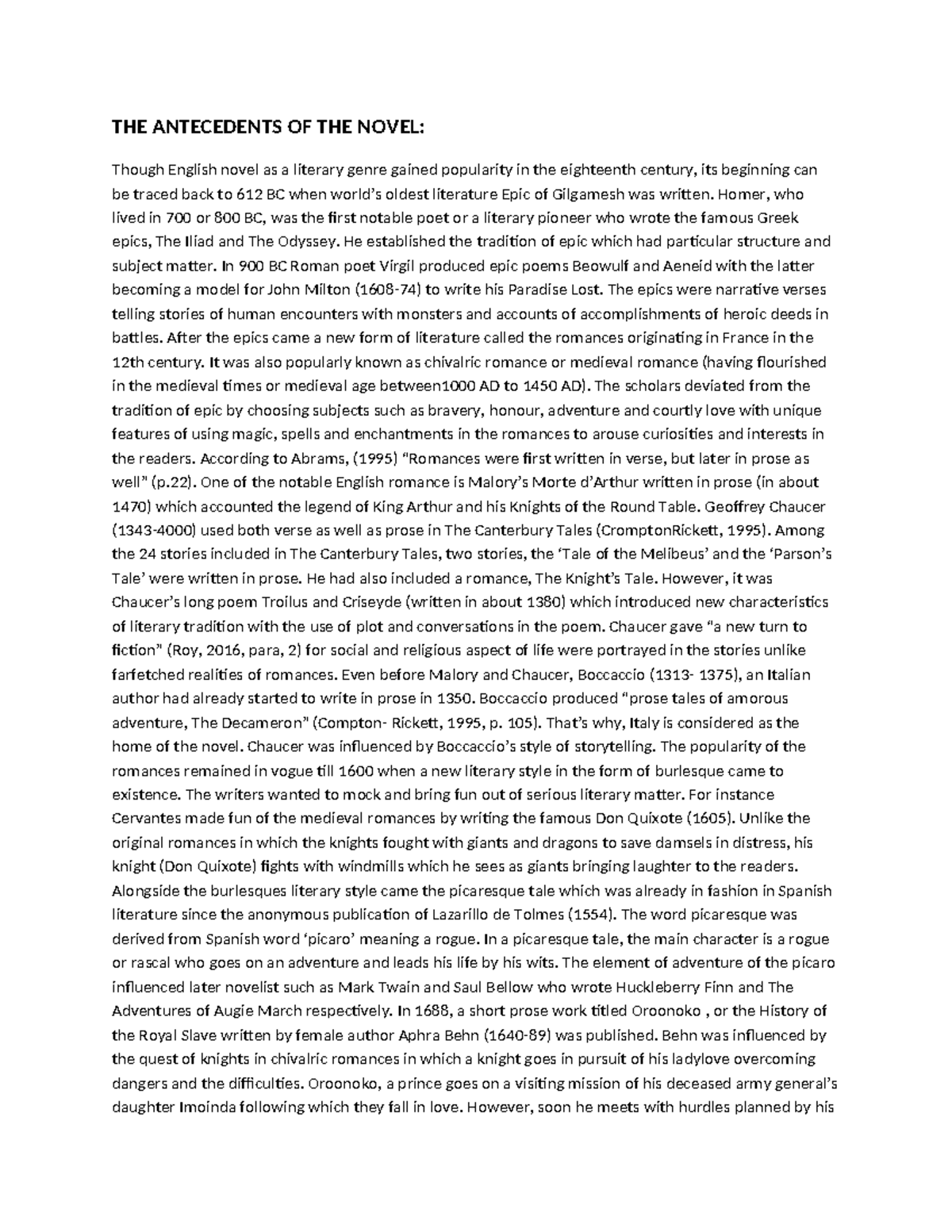 Novel - easy to learn notes - THE ANTECEDENTS OF THE NOVEL: Though ...
