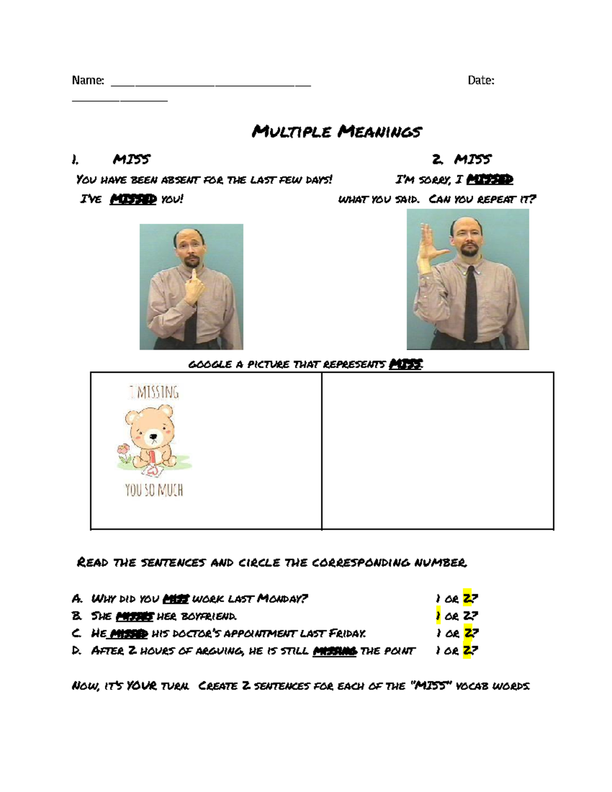 Copy of Multiple Meaning - MISS - Name: _________________________ Date ...