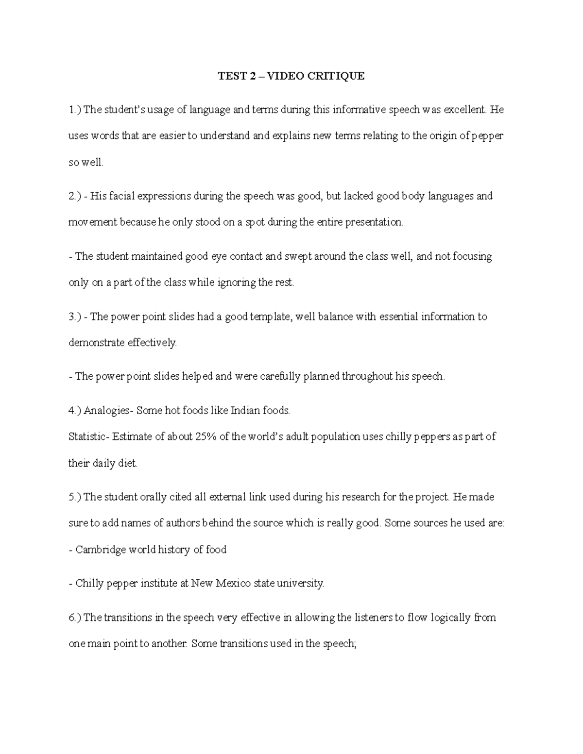 Test 2- Video Critique - TEST 2 – VIDEO CRITIQUE 1.) The student’s ...