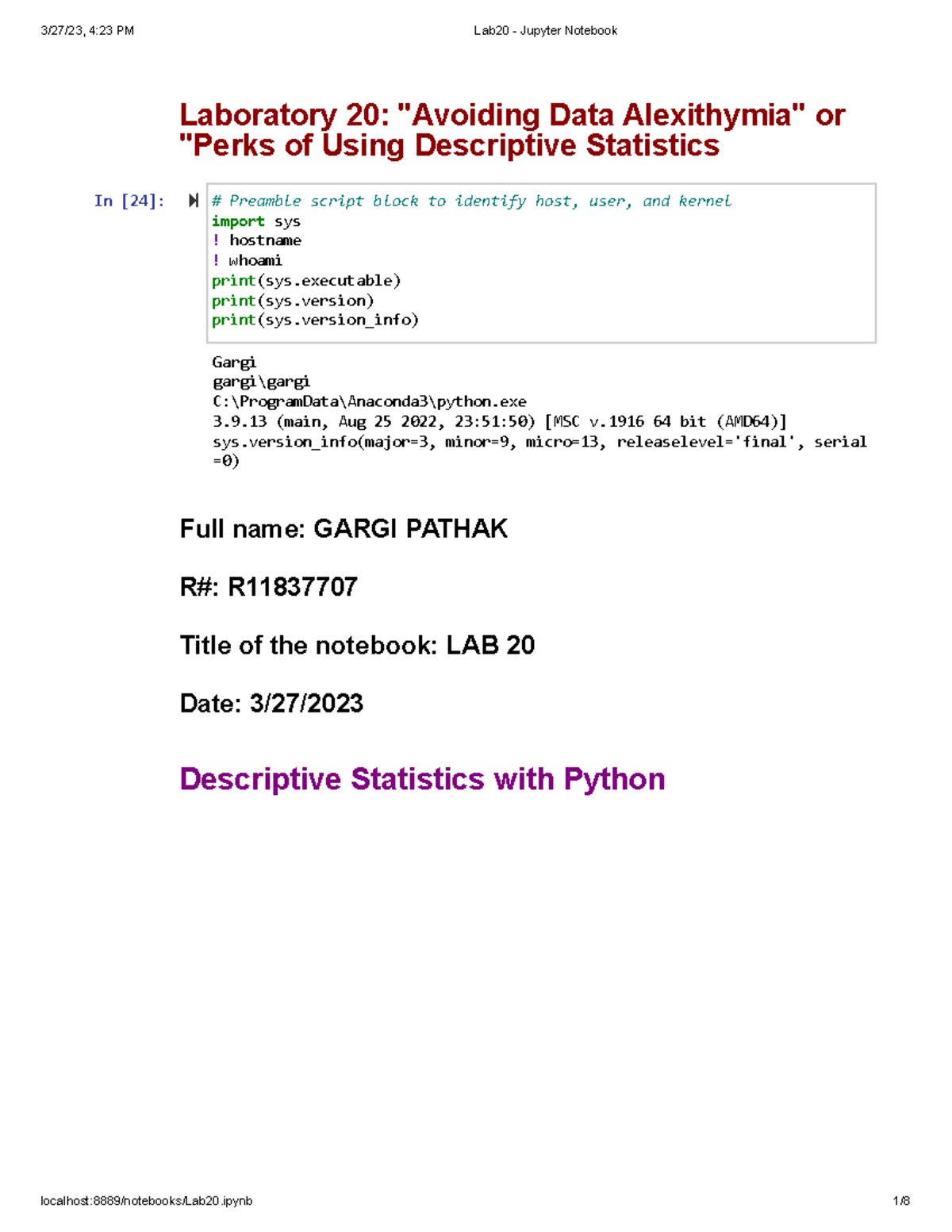 Lab20 - Jupyter Notebook - Laboratory 20: "Avoiding Data Alexithymia" or "Perks of - Studocu