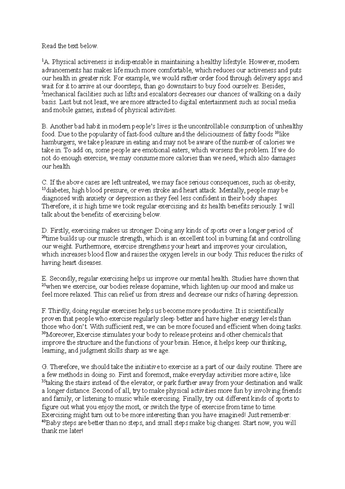 Reading comprehension The importance of exercising - Read the text ...