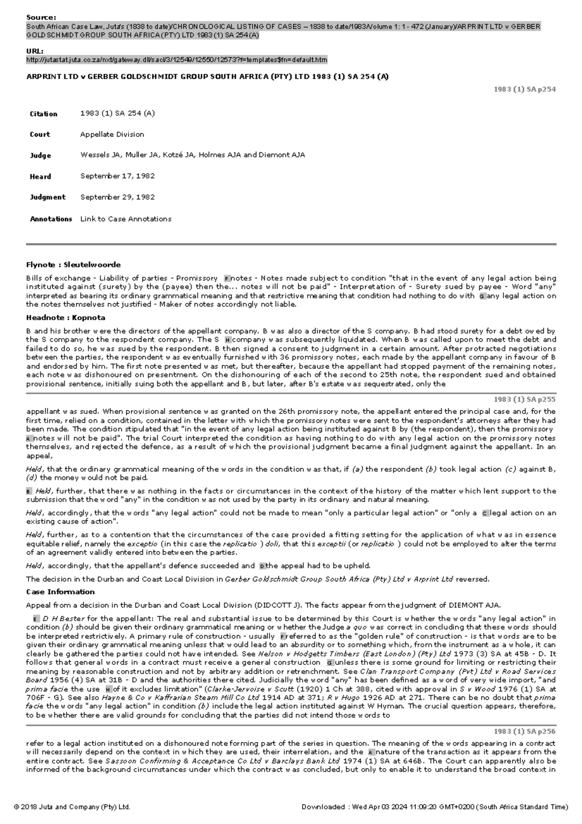 Arprint LTD v Gerber Goldschmidt Group South Africa (PTY) LTD 1983 (1 ...