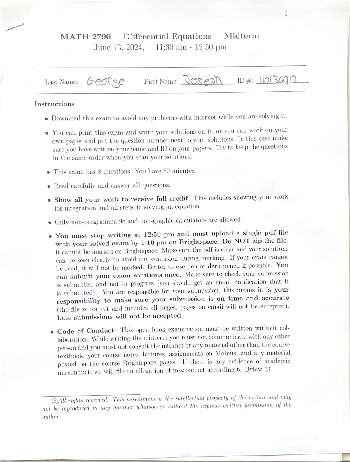 Midterm - Exam - 1 MATH 2790 Equations Midterm June 13, 2024, 11:30 am ...