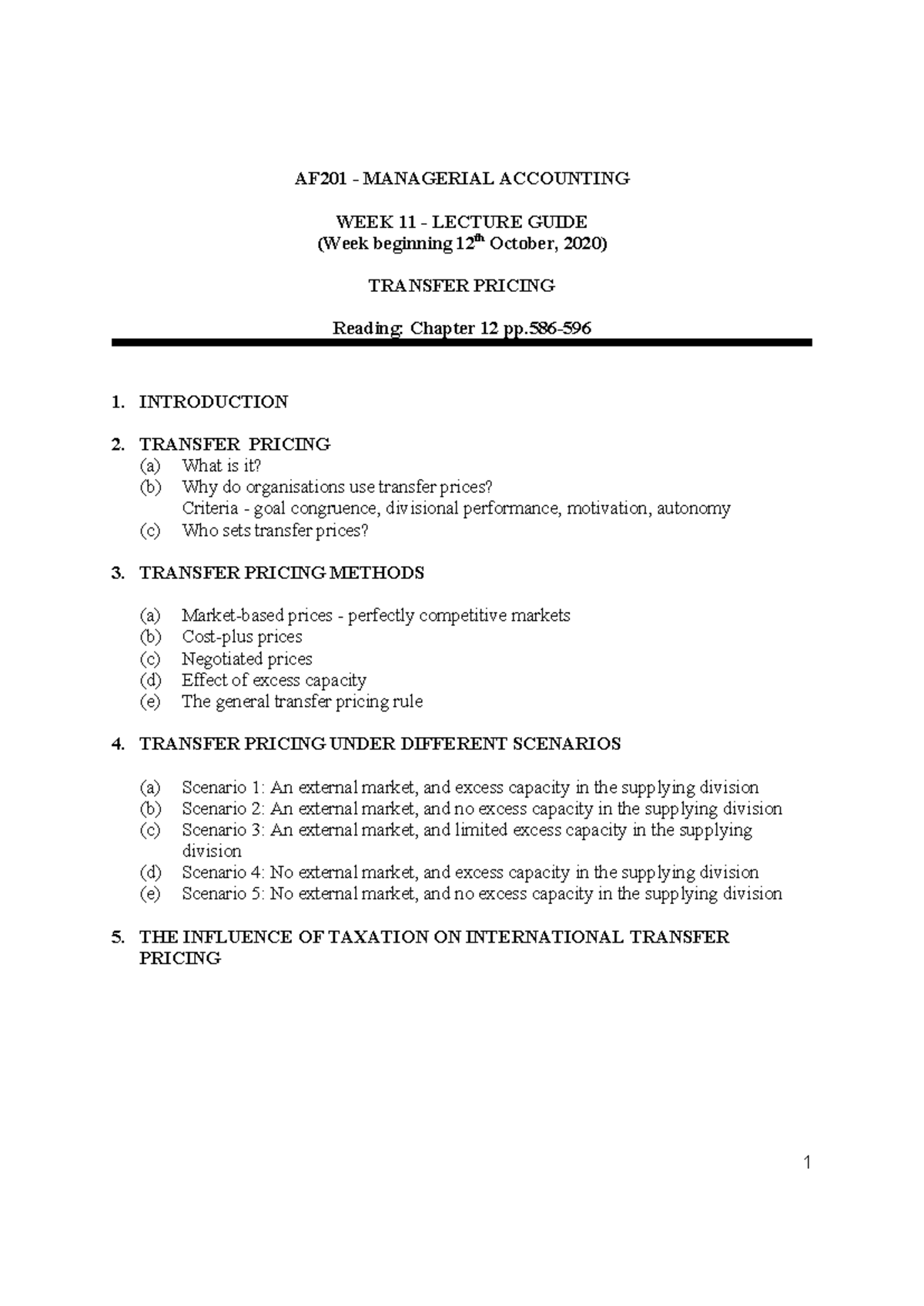 Week 10 lecture guide - study material - AF201 - MANAGERIAL ACCOUNTING ...