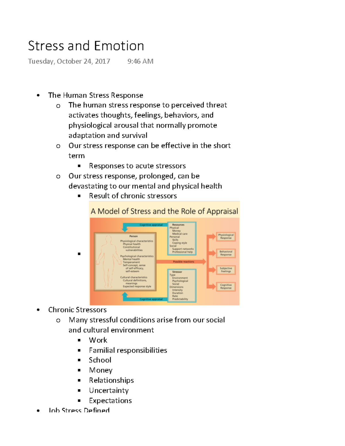Stress and Emotion - Lecture notes 10 - The Human Stress Response The ...