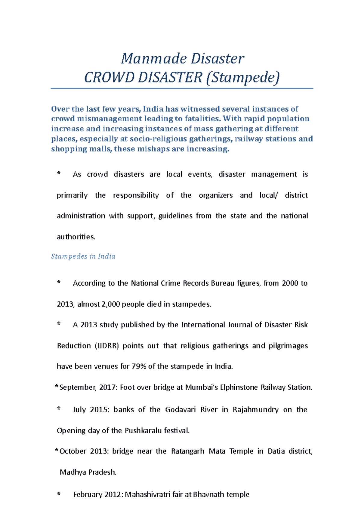 Crowd Disaster(stampede), Its measures and mitigation - Manmade Disaster CROWD DISASTER ...