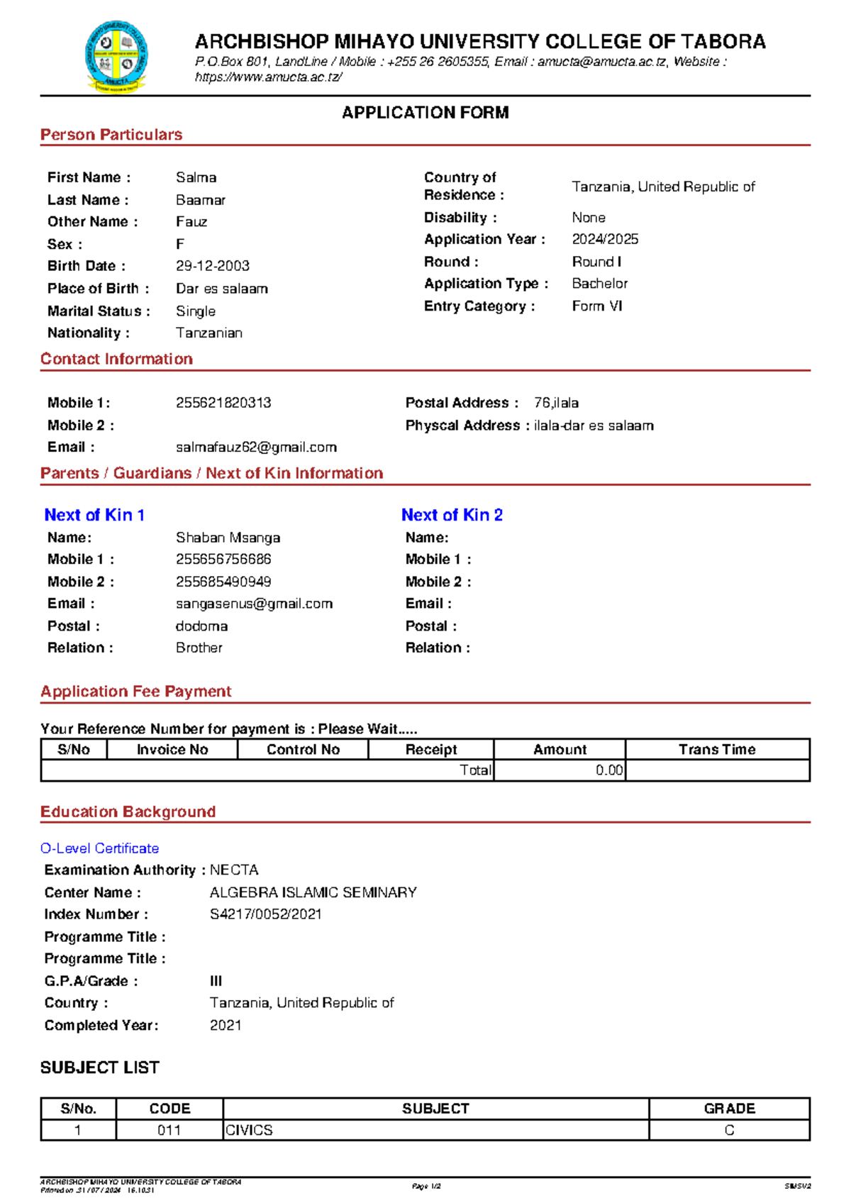 Application FORM - we hdgsfuiy bgvuewfbik - ARCHBISHOP MIHAYO ...