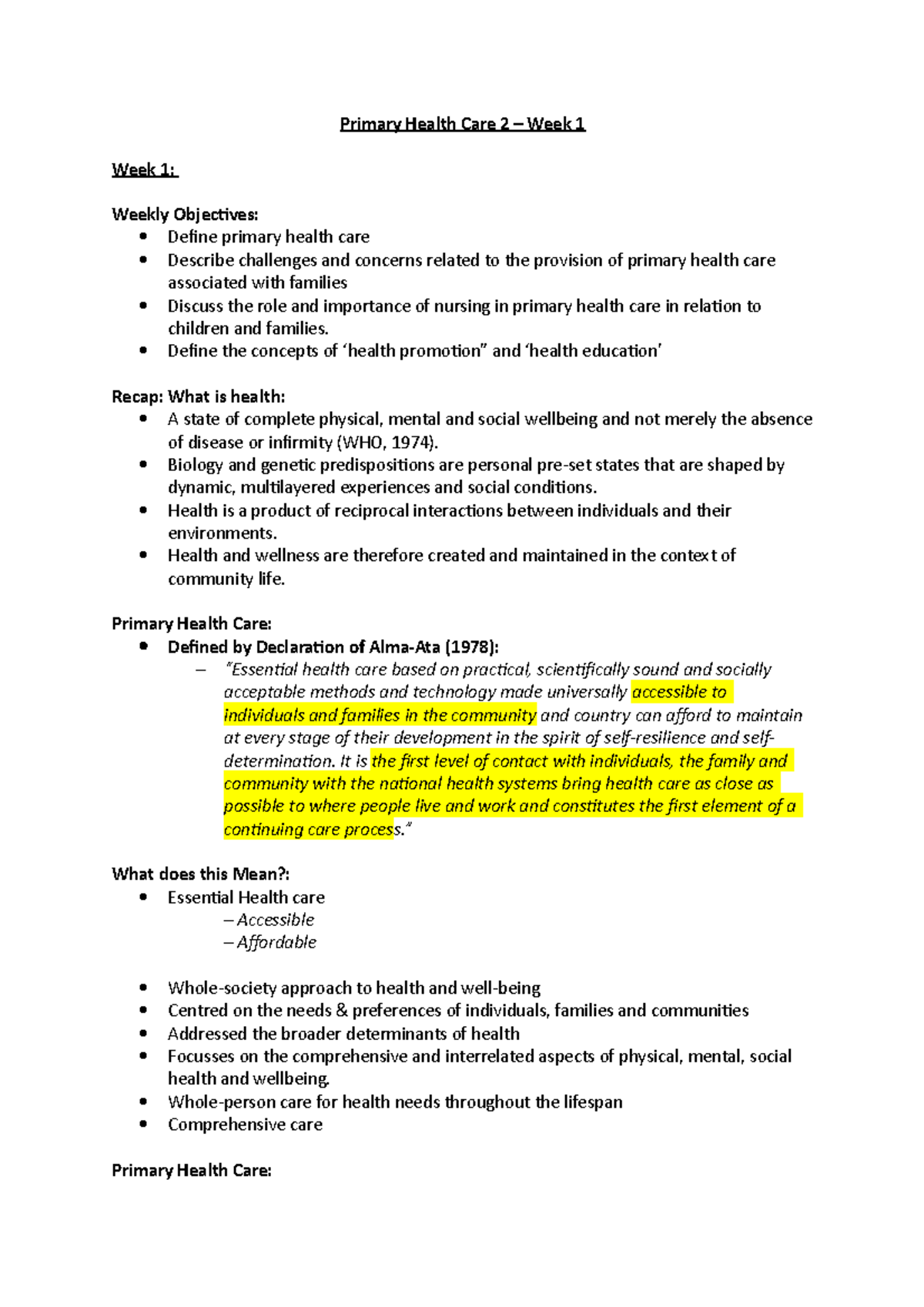 Primary Health Care 2 final notes - Primary Health Care 2 – Week 1 Week ...