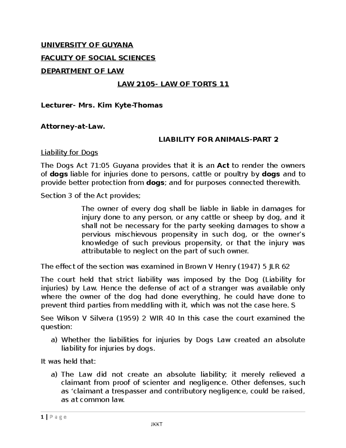 Liabilitiy FOR Animals 2 - UNIVERSITY OF GUYANA FACULTY OF SOCIAL ...