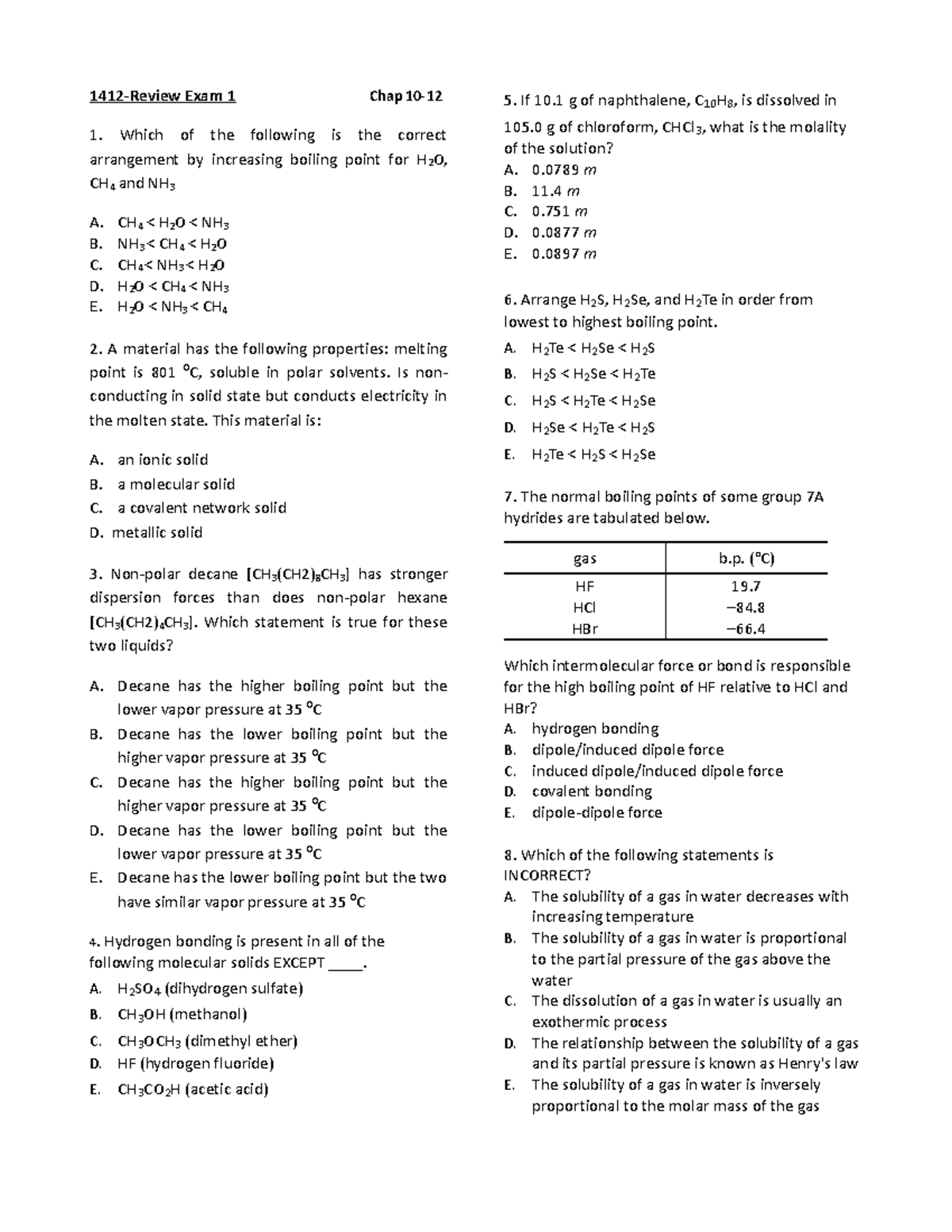 Review 1412 chap 10 11 12 - 1412-Review Exam 1 Chap 10- Which of the ...