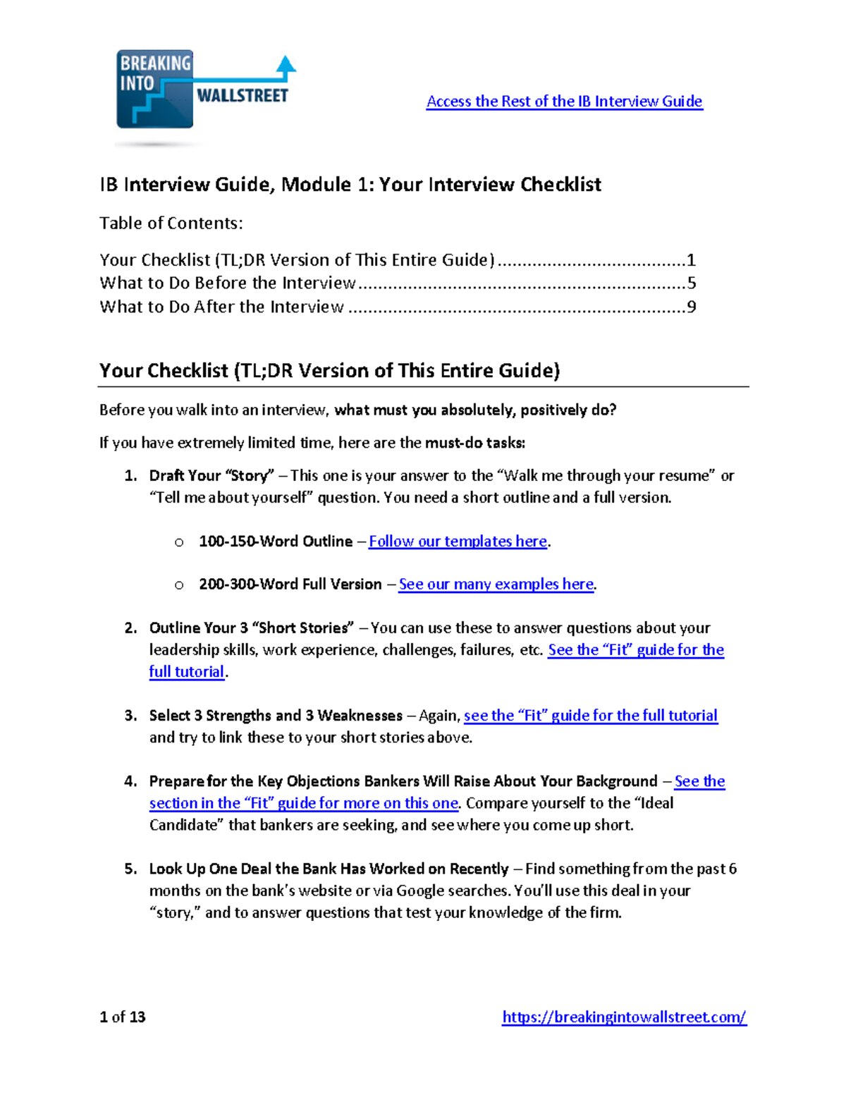 IBIG 01 02 Interview Checklist - IB Interview Guide, Module 1: Your ...