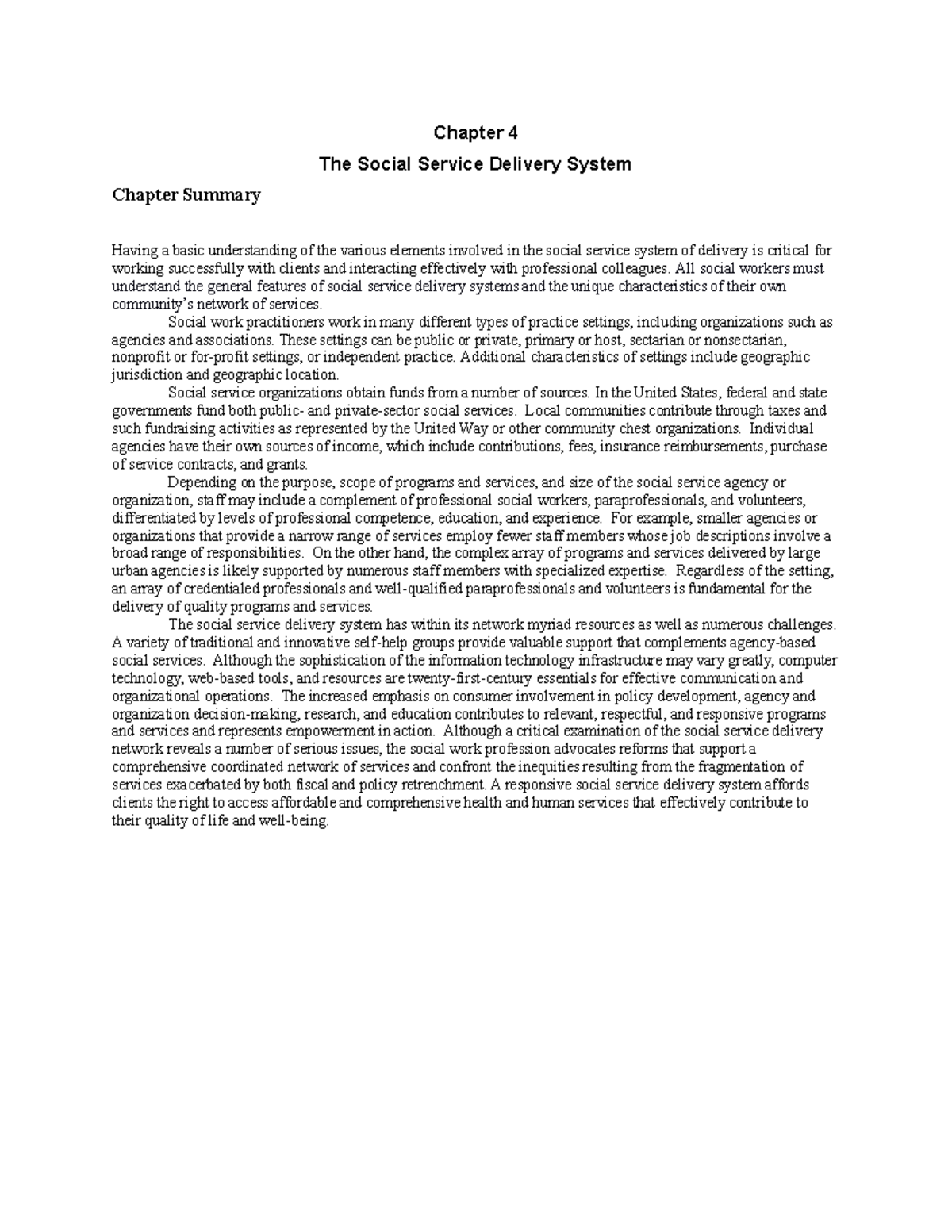 Chapter 4 summary - Social Work - Chapter 4 The Social Service Delivery ...