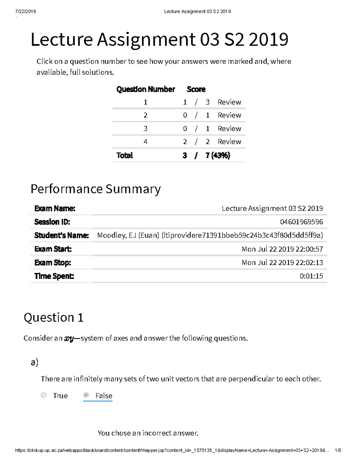 Lecture Assignment 03 S - Question Number Score 1 1 3 Review 2 0 1 ...