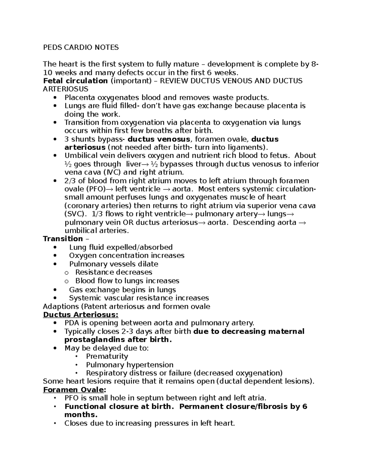 PEDS Cardio Notes - PEDS CARDIO NOTES The heart is the first system to ...