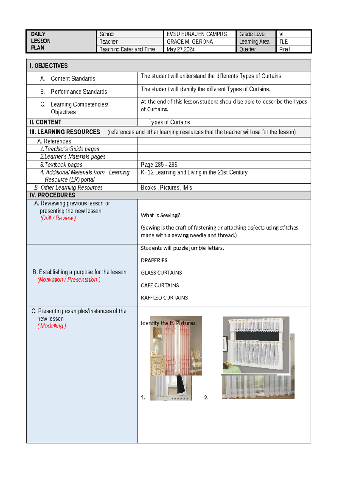 Q2 g 6 mapeh w3 D3 arts - Thanks - DAILY LESSON PLAN School EVSU ...