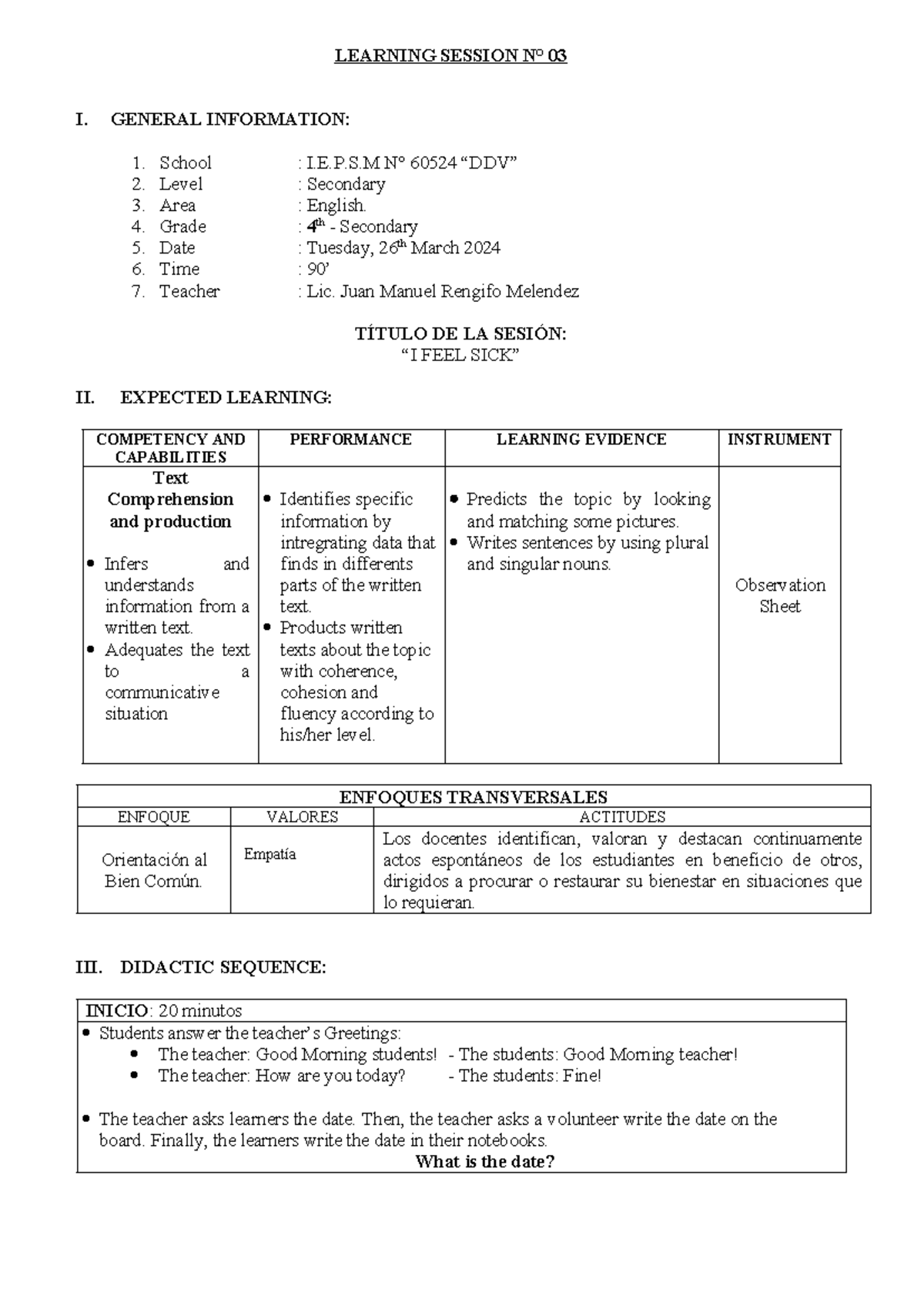 4to - Learning session N° 03 - I feel sick - LEARNING SESSION N° 03 I ...