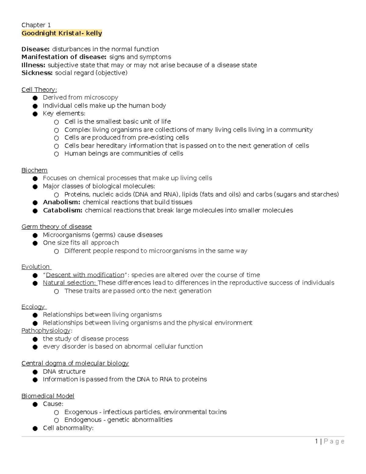 Pathophysiology Notes - Chapter 1 Goodnight Krista!- kelly Disease ...