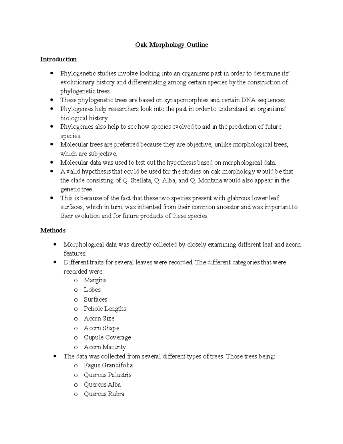 Oak Morphology Outline-BIO 155 - Oak Morphology Outline Introduction ...